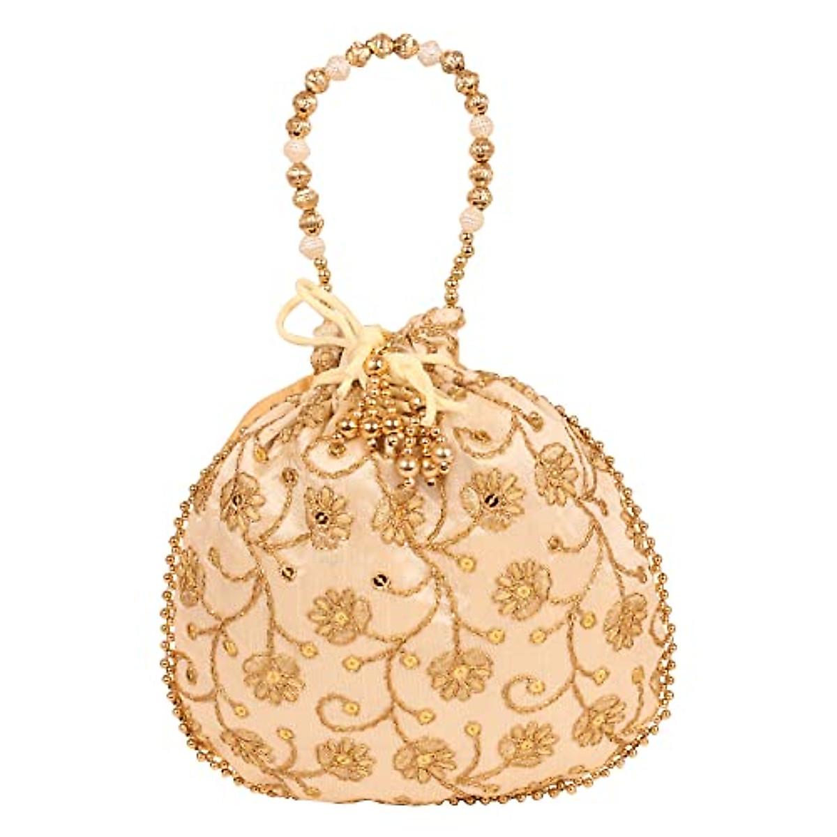 Indtresor beaded handcrafted embroidered evening purse drawstring handbag vintage party wedding gift for women. Golden