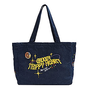 Tote Vintage Denim Embroidery Casual Cool Girl Shoulder Bag Soft Student Large Capacity Shopping Bag Harajuku (blue)