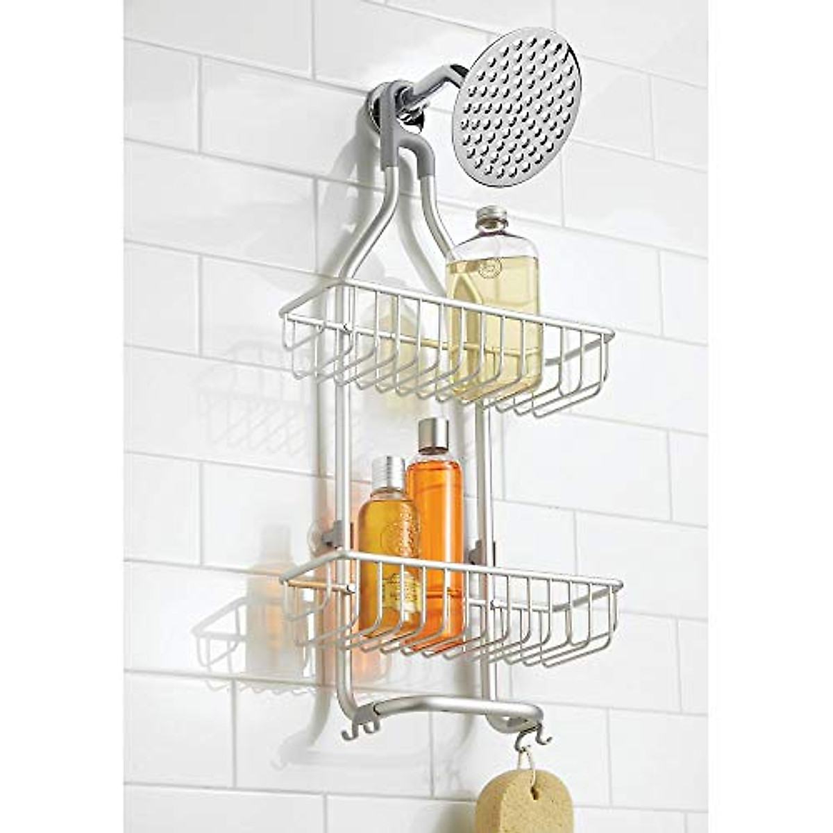 iDesign Metro Metal Hanging Shower Caddy for Shampoo, Conditioner, and Soap with Hooks for Razors, Towels, Loofahs, and More, 12" x 5" x 26.5" - Silver