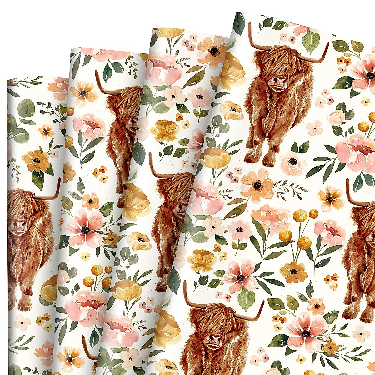 AnyDesign Boho Floral Highland Cow Wrapping Paper Folded Flat Boho Flower Gift Wrap Paper Bulk Cute Cow Art Paper for Birthday Wedding Baby Shower DIY Crafts Gift Packing, 19.7 x 27.6 in, 6 Sheet