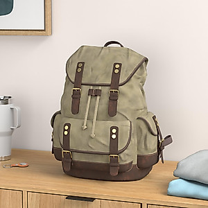 WUDON Men Travel Backpack, Genuine Leather-Waxed Canvas Shoulder Hiking Rucksack (Green)