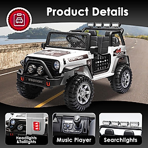 Sopbost 2-Seater Ride on Truck 12V Ride On Toys, Ride On Car with Remote Control Off-Road Battery Powered Electric Car for Kids with 2+1 Gear Shift, Spring Suspension, LED Headlights (White)