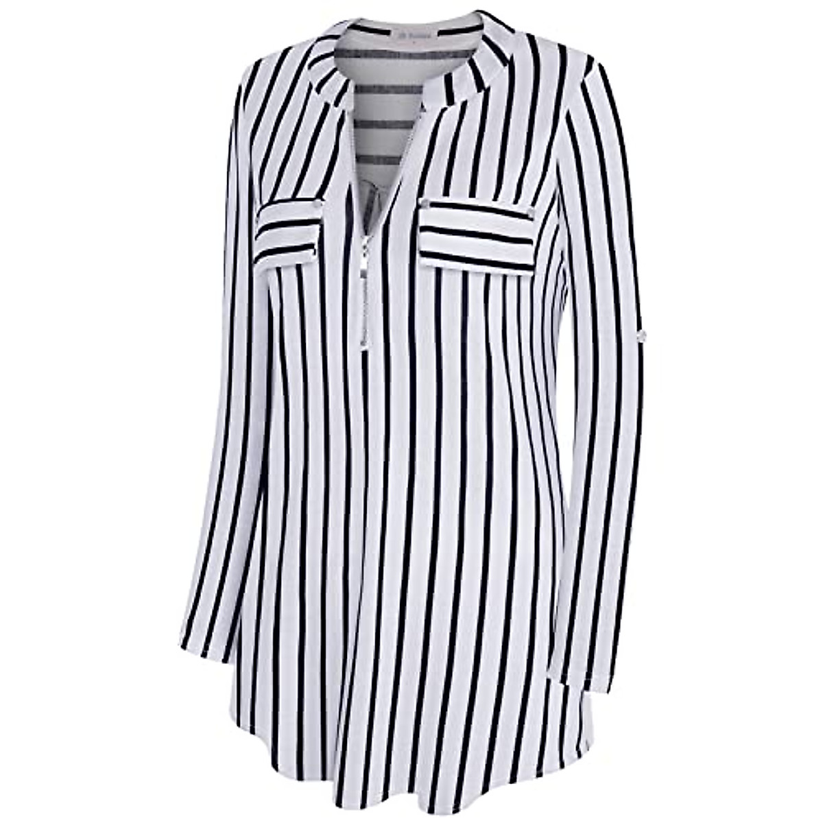 Bulotus 3/4 Sleeve Shirts for Women Plus Size, Ladies Tops and Blouses Casual Summer Fall V Neck Long Tunics to Wear with Leggings Business Casual, Stripe, X-Large
