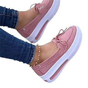 2023 New Woman Wedged Platform Sneakers Tie Up SLI on Flat Shoes, Comfortable Slip on Work Walking Shoes for Daily Casual Canva Low Top Pink