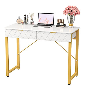 WESTREE Modern Makeup Vanity Desk with Glossy Desktop,Bedroom Home Office Writing Desk with Drawers, Storage Shelf, Gold Metal Frame for Dressing Table Without Mirror