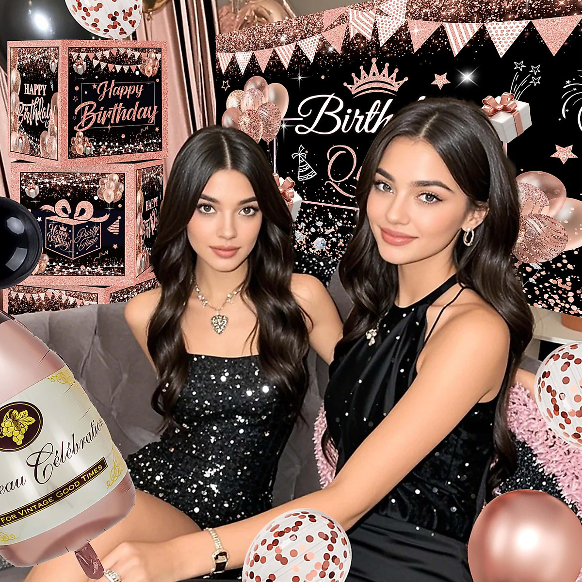 80th birthday decorations for women - (76pack) rose gold party Banner, Pennant, Hanging Swirl, birthday Balloons, Foil Backdrops, cupcake Topper, plates, Photo Props, Birthday Sash for gifts women