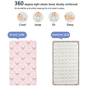 Valentine's Day Themed Fitted Mini Crib Sheets,Portable Mini Crib Sheets Soft and Breathable Bed Sheets-Great for Boy or Girl Room or Nursery,24“ x38“,Pastel Pink and Rose