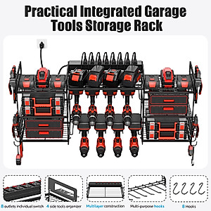 CCCEI Black Power Tools Organizers Wall Mount, Large Tools and Battery Storage Rack Charging Station. 8 Drill Holder, All Metal, Garage Utility Shelves with 6FT Power Strip. Gift for Men.