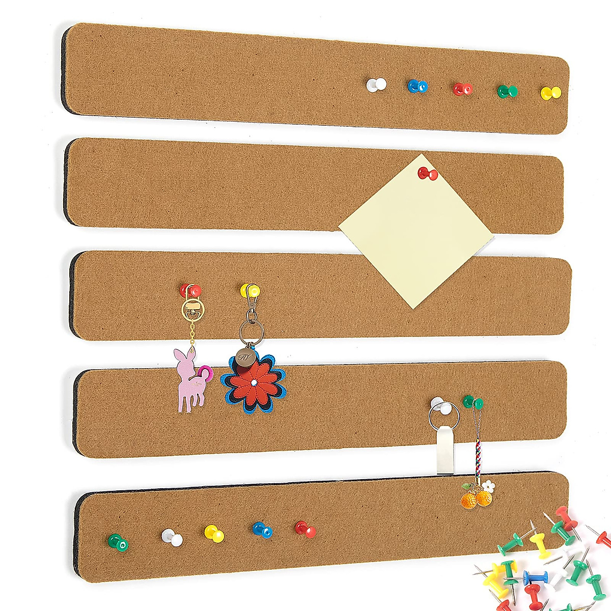 5 Pack Felt Pin Board Bar Strips Bulletin Board for Bedrooms Offices Home Wall Decoration, Notice Board Self Adhesive Cork Board with 35 Push Pins for Paste Notes, Photos, Schedules (Brown)