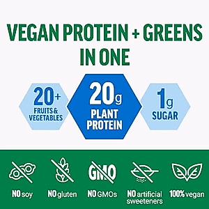 FORCE FACTOR Vegan Plant Protein, Plant-Based Protein + Greens, Greens Powder with 20g Plant Based Protein, Digestive Enzymes, and Fiber, Vanilla Flavor, 20 Servings (Packaging May Vary)