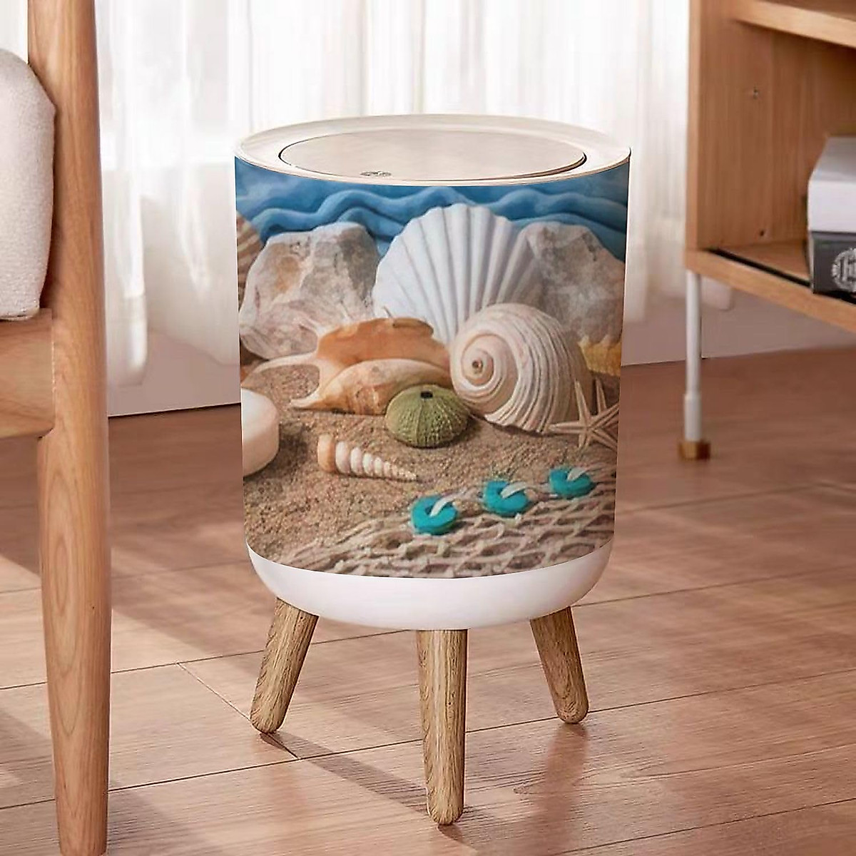 Small Trash Can with Lid for Bathroom Kitchen Office Diaper decoration Seashells shell a sea urchin a beach sand are decorated Bedroom Garbage Trash Bin Dog Proof Waste Basket Cute Decorative