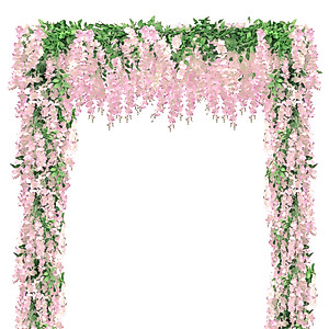Findosom Wisteria Artificial Flowers Garland, 5Pcs Total 36FT Pink Wisteria Hanging Flowers, Flower Garland Decorations for Home Garden Outdoor Ceremony Wedding Arch Decoration