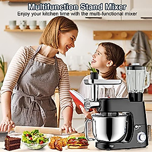 Stand Mixer, 6 IN 1 Multifunctional Electric Kitchen Mixer 660W 6 Speed with 7.4QT Stainless Steel Bowl, 1.5L Glass Jar, Meat Grinder, Dough Hook, Whisk, Beater, Sausage Kit, Food Mixer for Baking