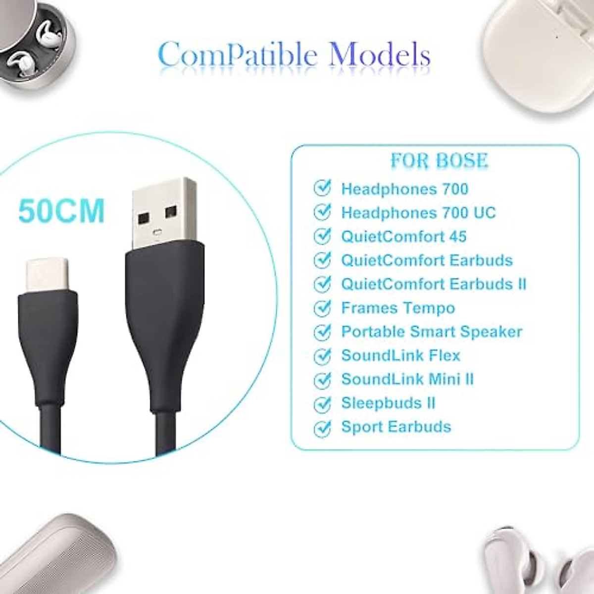 Aiivioll Fast Charging USB-C Cable for Bose Headphones、700, QC 45, Earbuds II, SoundLink Flex, Sleepbuds 2, Sport Earbuds (50cm/Black)