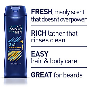 Suave Men 3in1 for Everyday Use Hair, Body and Face Wash Fragrance Bodywash, Shower Gel and Shampoo for Men 15 Fl Oz (Pack of 6)