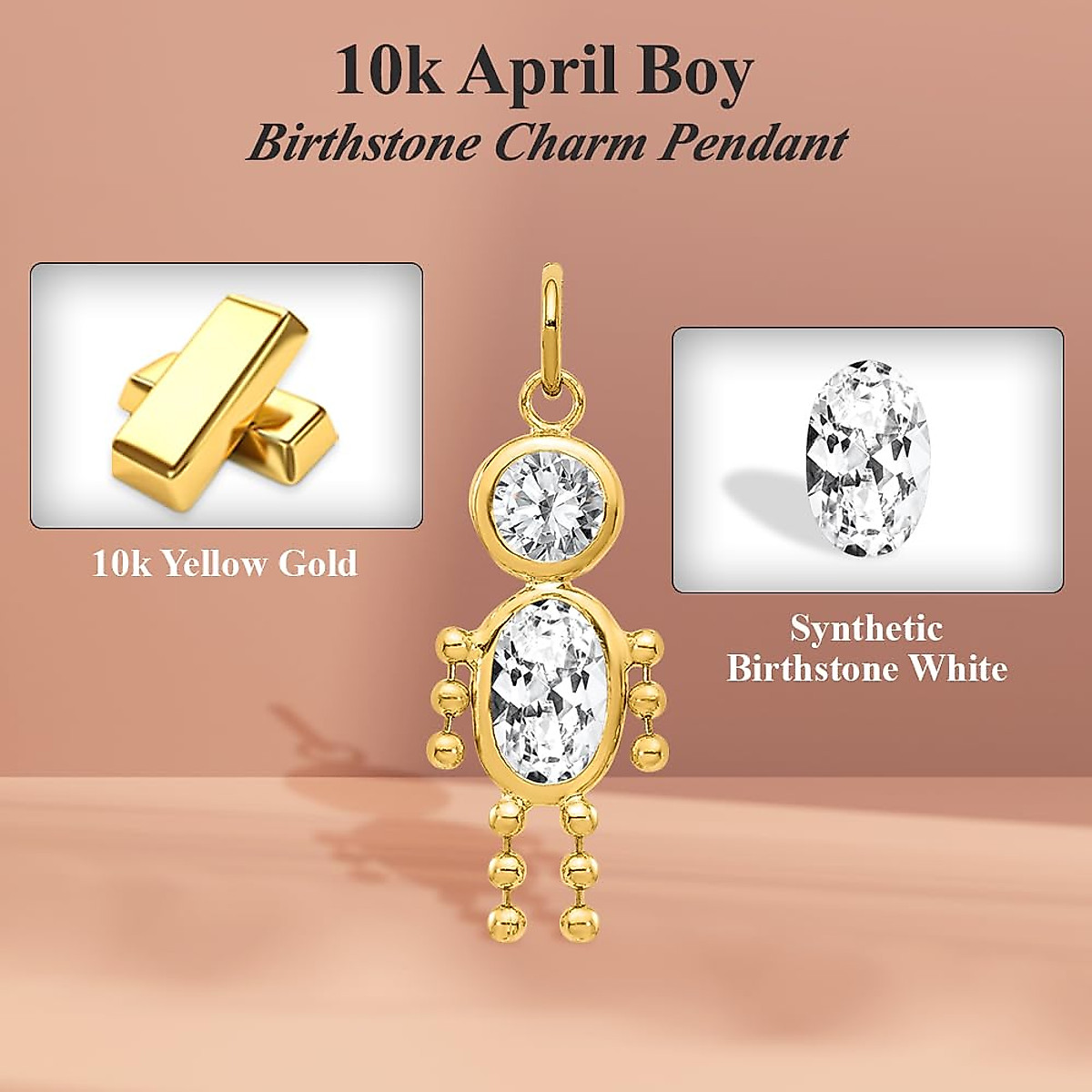 Auriga Fine Jewelry 10K Yellow Gold April Boy Birthstone Charm Pendant for Women (L- 0.79 Inch, W- 0.4 Inch)