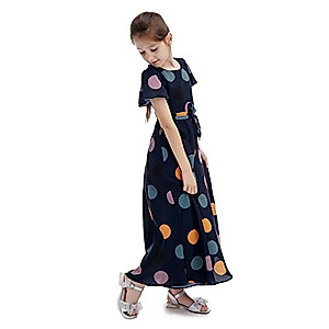 PUSEGA Blue Polka Dot Dress for Teens Toddler Dress for 8 Years Girls, Short Sleeve Dress, Holiday Dresses (Blue, 130, 8years)