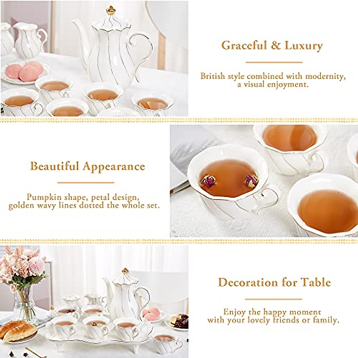 DUJUST 14 pcs Tea Set for 6 with Tea Tray & Spoons, Luxury British Style Tea/Coffee Cup Set with Golden Trim, Beautiful Porcelain Tea Set for Living Room Decor, Tea Party Set, Gift Package - White