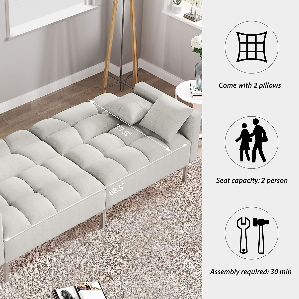 Majnesvon Linen Convertible Futon Sofa Bed, 2-in-1 Sleeper with 2 Pillows, 3 Adjustable Angles for Backrest, Living Room Couch 5 Sturdy Metal Legs, Upholstered Loveseat Home, (White)