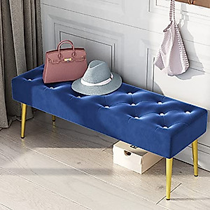 Lamerge Velvet Entryway Bench, Modern Upholstered Tufted Ottoman Stool with Embedded Crystal, Footrest Accent Bench end of Bed Stool for Doorway, Living Room, Lock Room, Bedroom 44"×15"×18" (Blue)