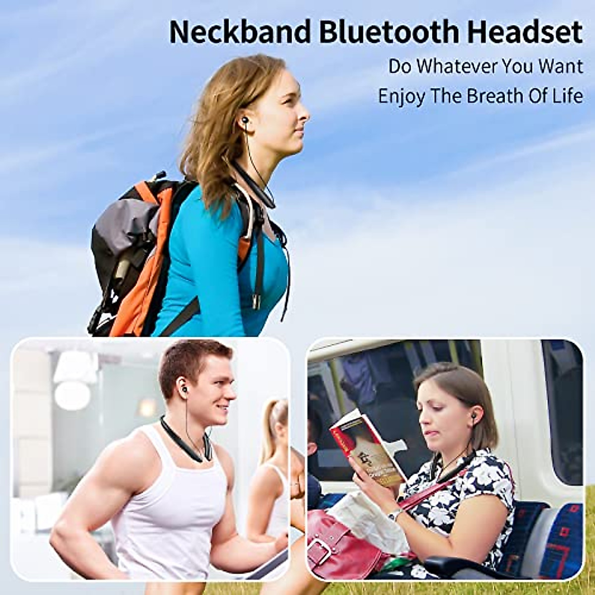 Neckband Bluetooth Headphones, Retractable Earbuds Wireless Headset Sports Noise Cancelling Stereo Earphones with Microphone Compatible with iPhone, Android, Samsung, iPad, PC