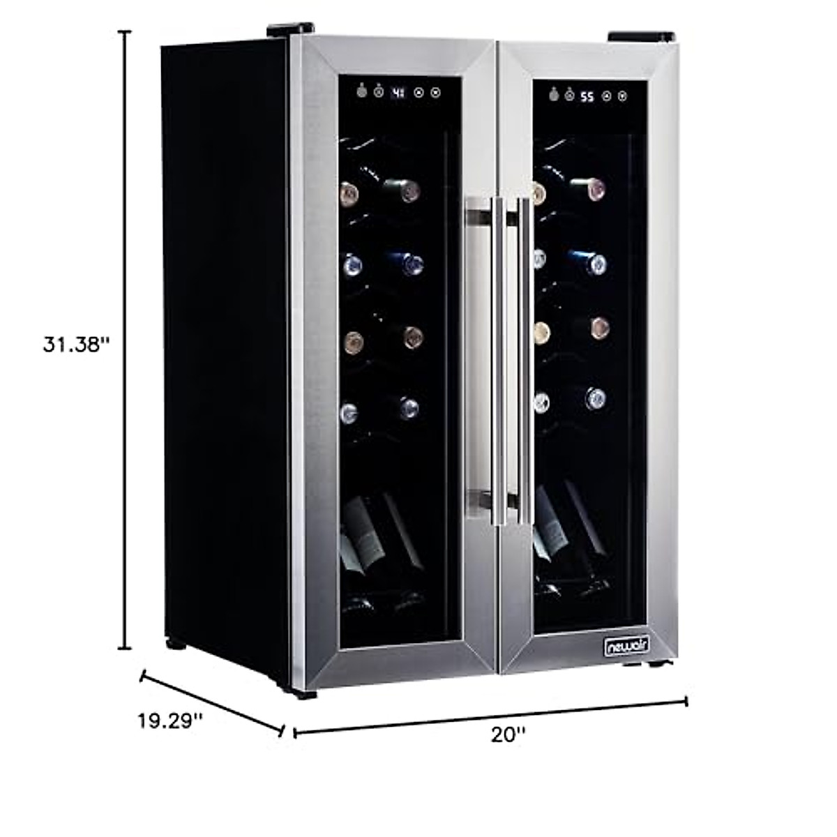 NewAir 24 Bottle Wine French Door Cooler Refrigerator | Freestanding Wine Fridge | Dual Zone, Stainless Steel, Double-Layer Tempered Glass Door, Quiet Compressor | 41F-64F Digital Temperature Control