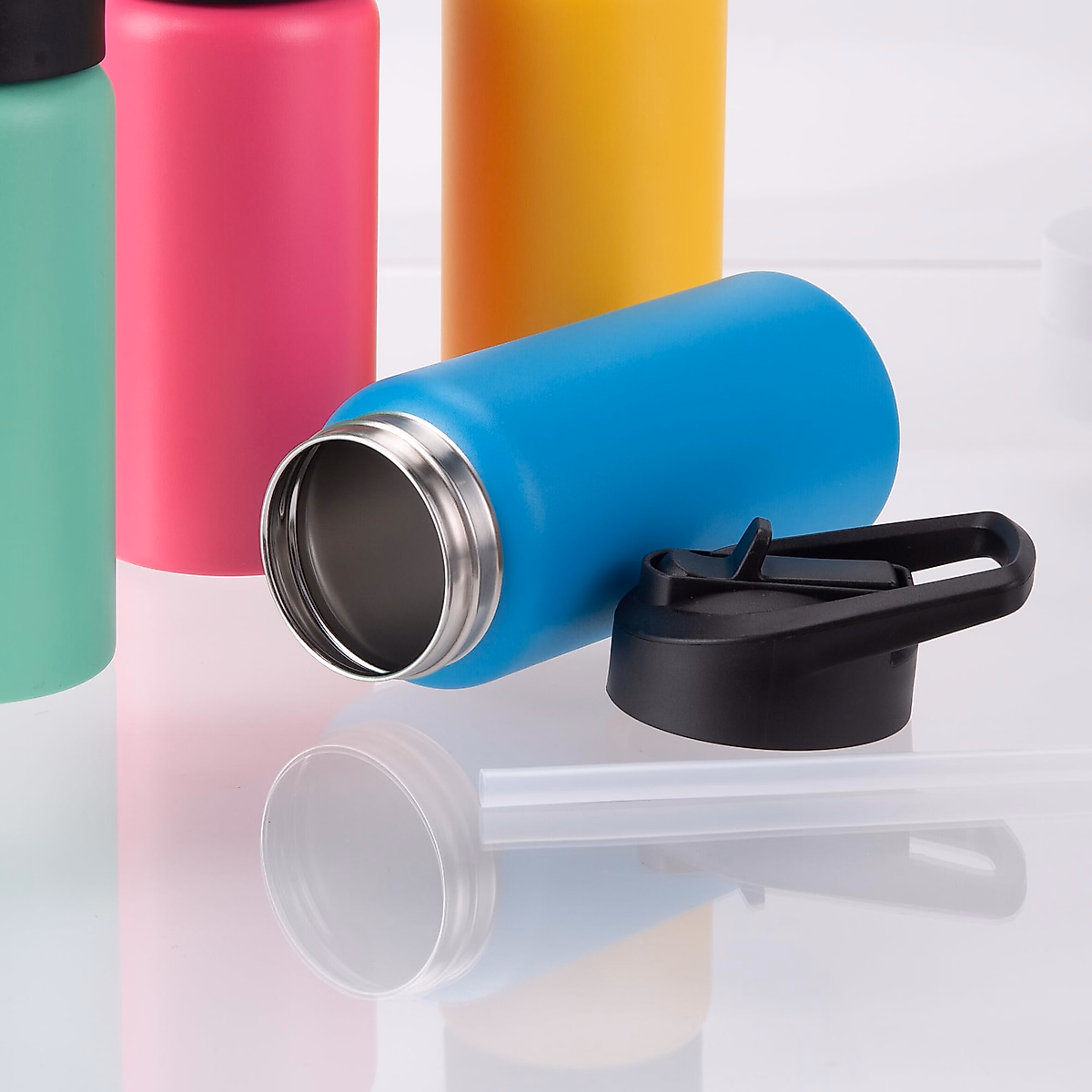 Kids Water Bottle with Straw Lid & Handle, 4 Pack 16oz Personalized Water Bottles Bulk, Dishwasher Safe, Leak Proof DIY Gift for Girls Boys to School Sports Travel Gym Running Hiking, Mixed Color Set