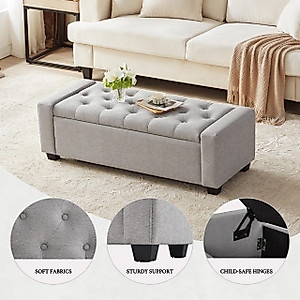 Huatean Home Ottoman with Storage, Storage Ottoman Bench with Safety Hinge, Upholstered Storage Bench with Seating for Bedroom, Living Room, Holds up to 330 lb(Light Gray)
