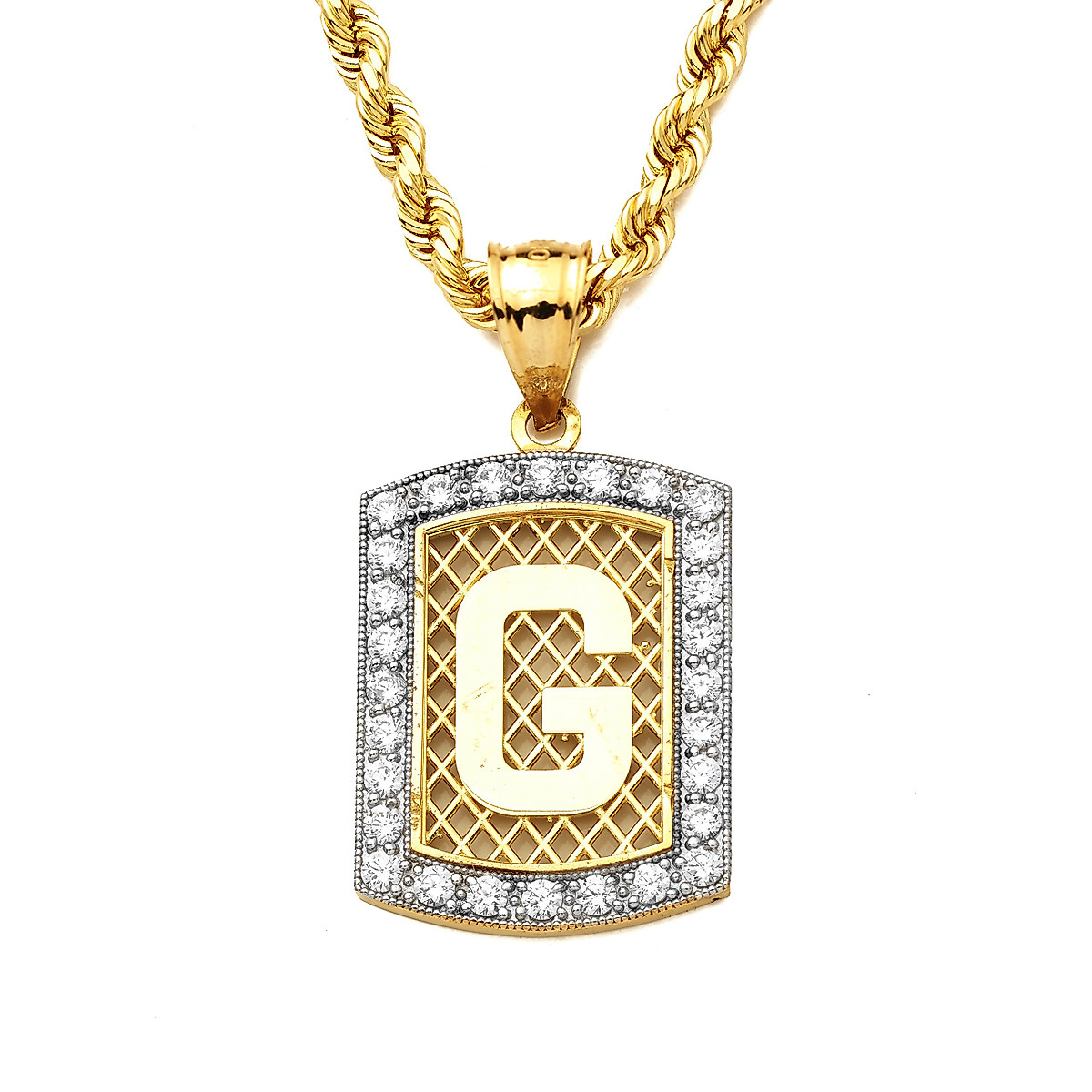 LoveBling 10K Yellow Gold Dog Tag Initials Charm Pendant w/CZ Border (Available from A-Z) (G)