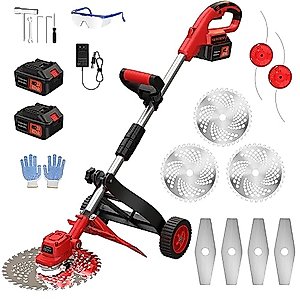 Cordless Weed Wacker, 9-inch Electric Weed Wacker Battery Powered with 2 Pcs 4.0Ah Batteries, 3 in 1 Wheeled Grass Lawn Trimmer/Brush Cutter,3 Types Blades Lightweight Edger Trimmer for Yard Care