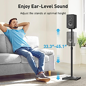 PERLESMITH Universal Speaker Stands for Surround Sound, Holds up to 11LBS, Floor Speaker Stand Height Adjustable Extend 33.3” to 45.1” for Satellite Speakers & Bookshelf Speakers -1 Pair PSSS2 Black