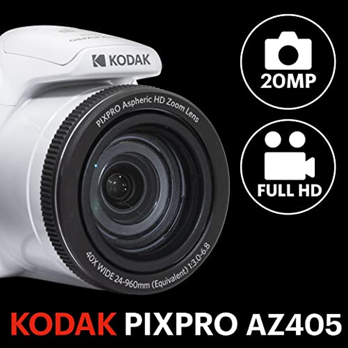 KODAK PIXPRO Astro Zoom AZ405-WH 20MP Digital Camera with 40X Optical Zoom 24mm Wide Angle 1080P Full HD Video and 3" LCD (White)