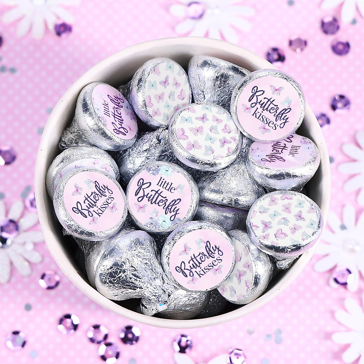 Butterfly Girl Baby Shower Party Favor Stickers, A Little Butterfly is on Her Way - It's a Girl Pink and Purple Chocolate Kisses Candy Labels - 180 Count