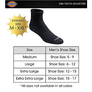 Dickies Men's Dri-Tech Moisture Control Quarter Socks (6, 18, Solid Black (12 Pairs), Large