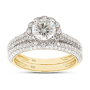 SAVEARTH DIAMONDS 1 1/2 ct. t.w Center 6MM Round Cut Lab Created Moissanite Diamond Double Halo Bridal Set Ring in 14k Yellow Gold Over Sterling Silver (VVS1 Clarity, 1.50 Cttw)-8.5