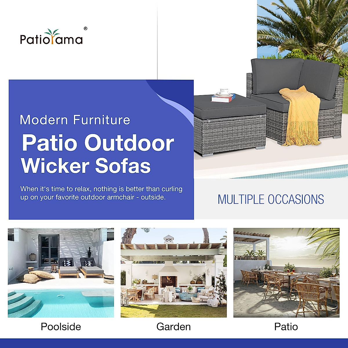 Patiorama 2-Piece Patio Furniture Sofa Set, Outdoor Sectional Sofa, All-Weather Grey PE Wicker Rattan Conversation Set, Outdoor Loveseat, Patio Seating for Balcony Garden Pool (Dark Grey Cushion)