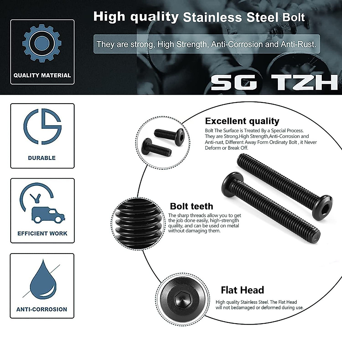 M6 x 80mm 20Pcs Flat Head Hex Socket Cap Screws Bolts, 304 Stainless Steel 18-8, Partially Threaded, Black Oxide by SG TZH (with Hex Spanner)