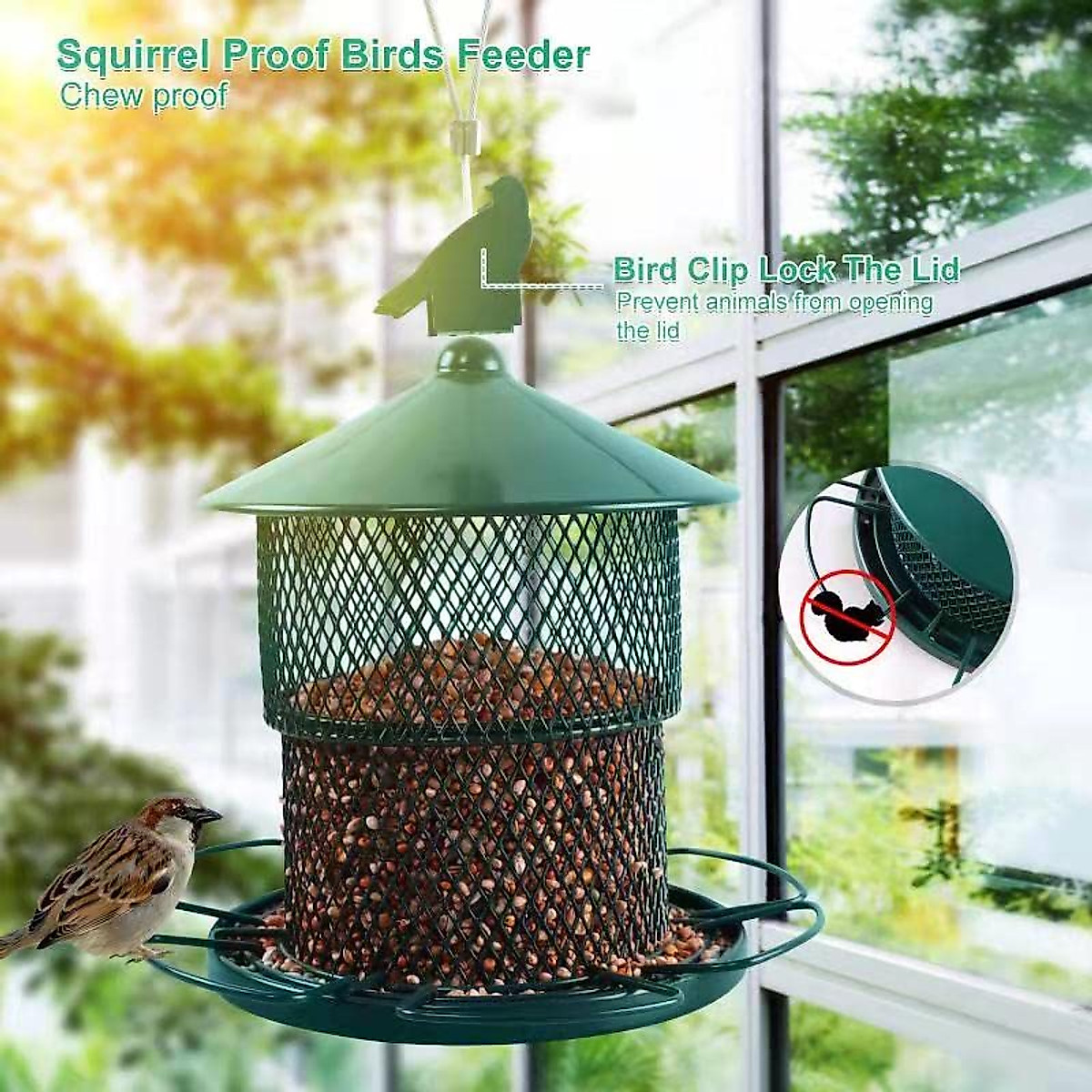 Metal Bird Feeders for Outside Hanging,Squirrel Proof Wild Bird Feeders for Cardinal, Heavy Duty with 4lbs Large Seed Capacity,6 Perches for Garden Yard Outdoors