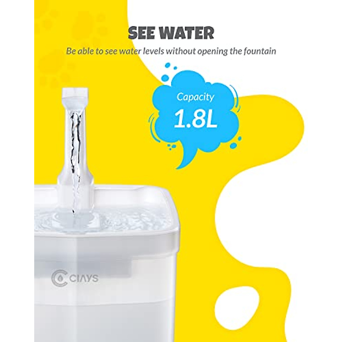 Ciays Pet Fountain, 65oz/1.8L Automatic Cat Water Fountain Dog Water Dispenser with 3 Replacement Filters for Cats, Dogs, Multiple Pets, White