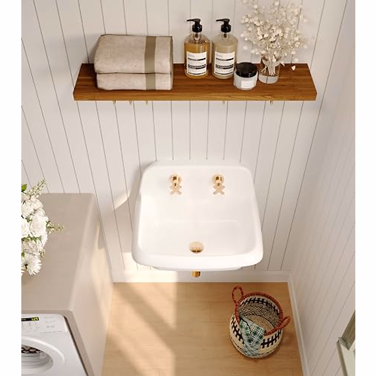 ELLAI 24 Inch Wall Mounted High Back Kitchen Sink White Porcelain Utility Sink Farm Sink Ceramic Farmhouse Laundry Sink Wall Mount Bathroom Sink, 8 in centers, 24” x 17” x 15”