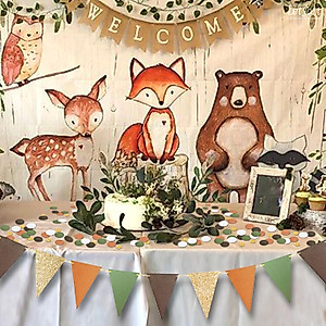 Glitter Golden Brown Green Triangle Banner Greenery Party Decoration Supplies Paper Bunting Signs for Birthday Nursery Classroom Anniversary Christmas Decoration Graduation Flags 15 pcs 10 Feet