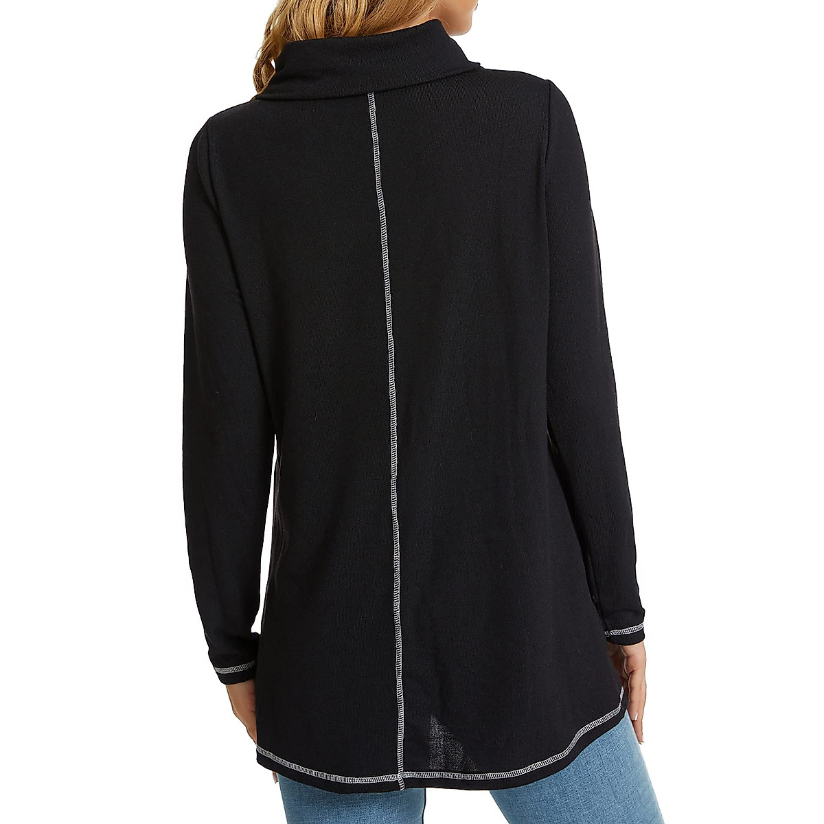 WEIYAN Women's Cowl Neck Tunic Long Sleeve Pullover Shirt Casual Sweatshirt Loose Tops with Buttons(Black,X-Large)