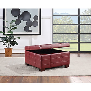 OSP Home Furnishings Detour Strap Square Storage Ottoman with Tray and Solid Wood Legs, Crimson Red Faux Leather
