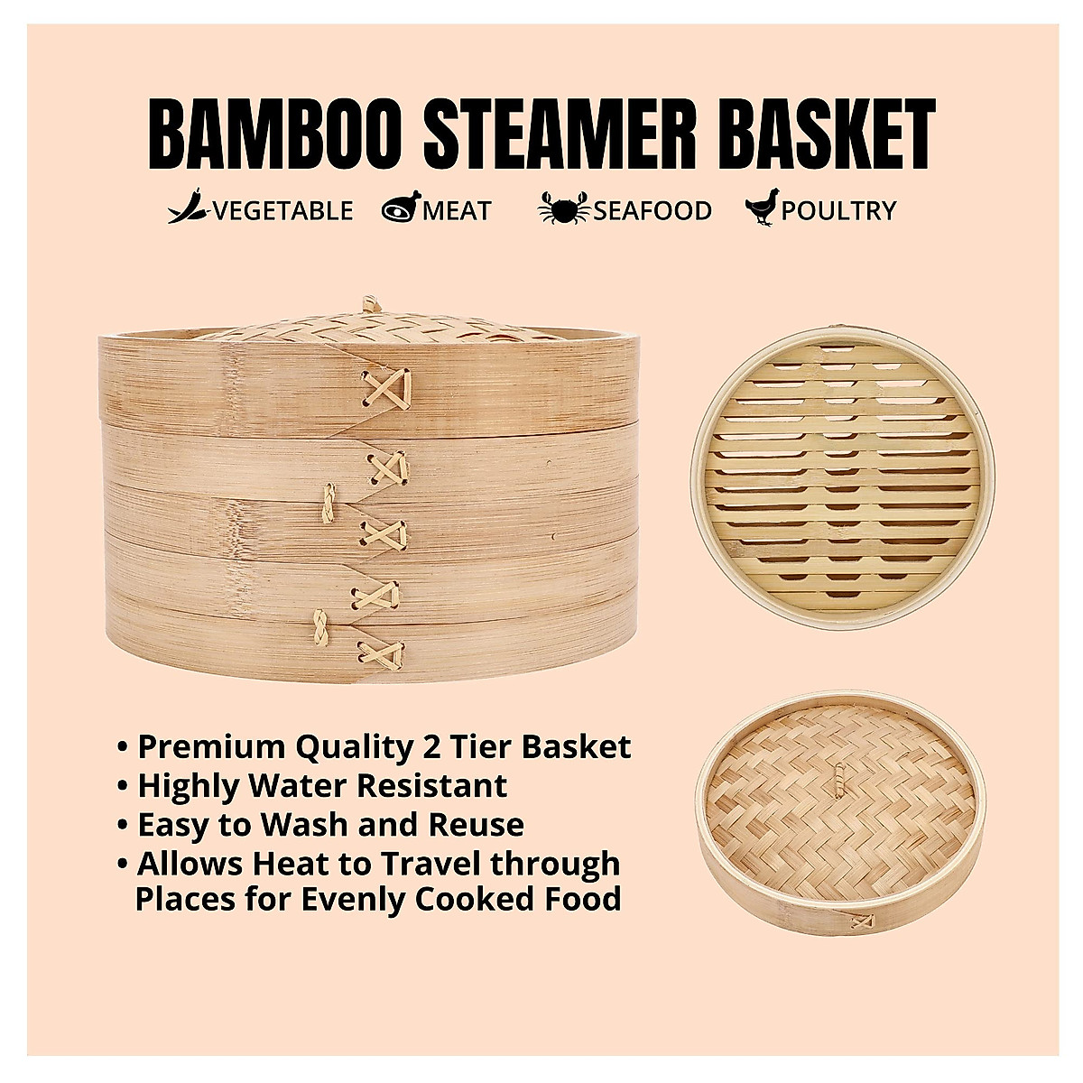Bamboo Steamer 10 Inch - Basket 2 Tier Steam Cooker Pot for Rice, Dim Sum, Fish, Vegetable & Meat – Set of Two Bamboo Chopsticks, Steamer Liner and Steamer Basket