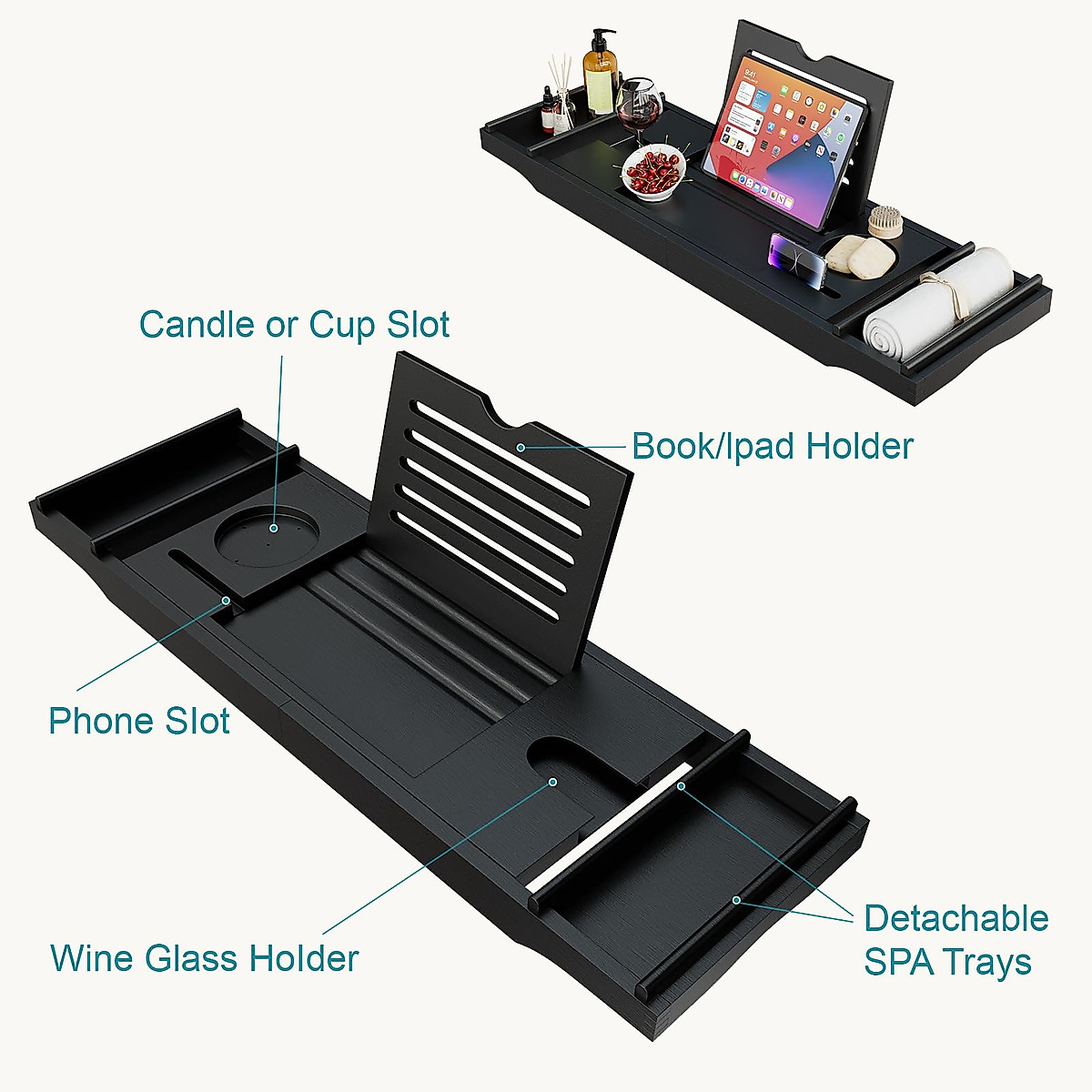 GIVINGTREE Bath Caddy Tray for Bathtub, Bamboo Bathtub Tray Caddy - Wood Bath Tray Expandable with Smartphone Tablet Book Holders, Soap Tray, Wine Glass Slot, Black