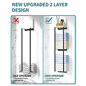 Towel Racks for Bathroom, 2 Tier Wall Towel Holder with Wood Shelf, Metal Wall Towel Rack Mounted Towel Storage for Small Bathroom （Black