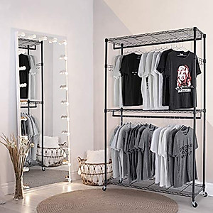 Homdox Rolling Garment Rack with Double Rod, Heavy Duty Clothing Rack with Shelves, Portable Clothes Rack, Free Standing Wardrobe Rack, with Lockable Wheels & Hanging Hooks, Max Load 450 LBS, Black