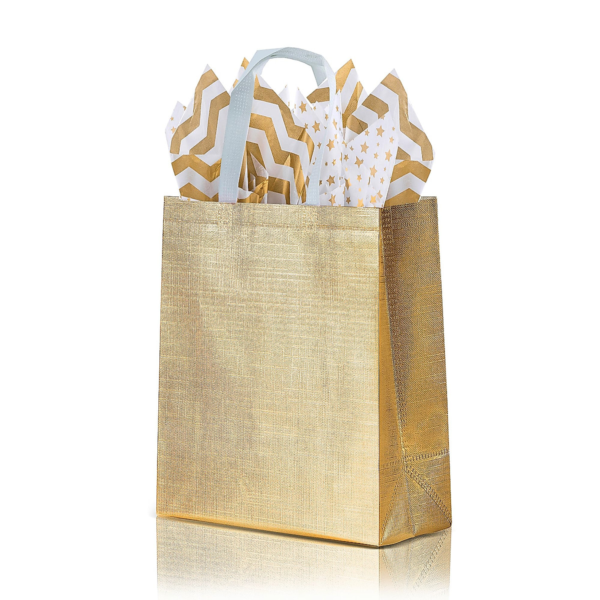 Offizon 6 Pack Medium Golden Grocery Bags, 8x4x10 Inches Reusable Gift Bags with Gold Tissue Paper, Water-proof Shopping Bags, Foldable Bags for Celebrations and Weddings (20x10x25cm)