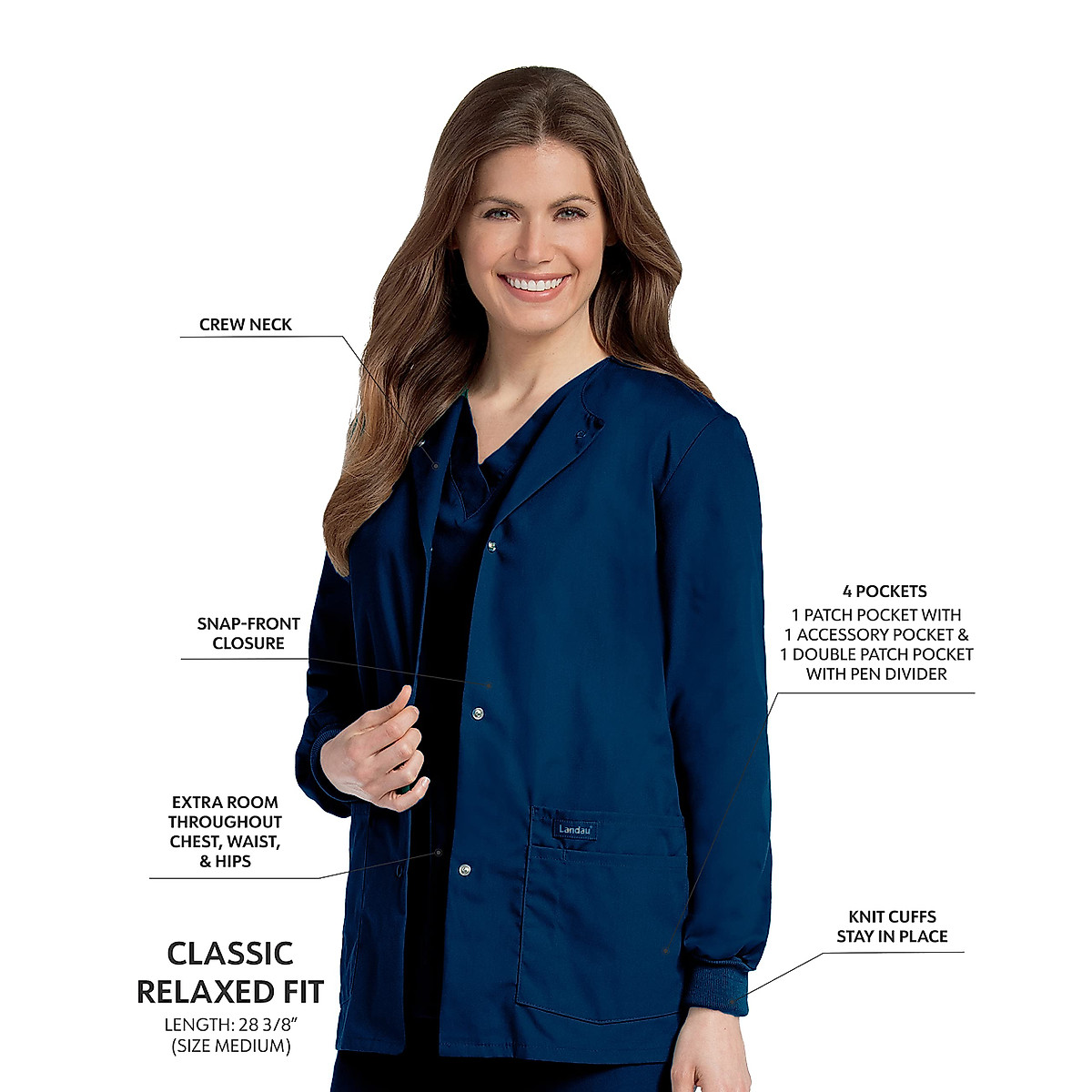 Landau Essentials Relaxed Fit 4-Pocket Snap-Front Scrub Jacket for Women 7525
