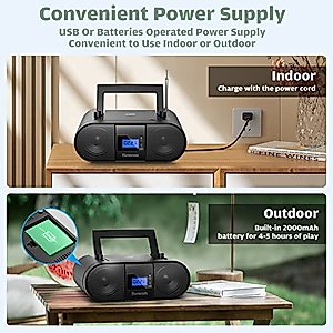 CD Player Portable, FM Radio with Dual Stereo Sound System, Rechargeable Bluetooth Boombox with Remote Control, Playback CD/CD-R/CD-RW/MP3, Support USB & AUX-in, Headphone Output